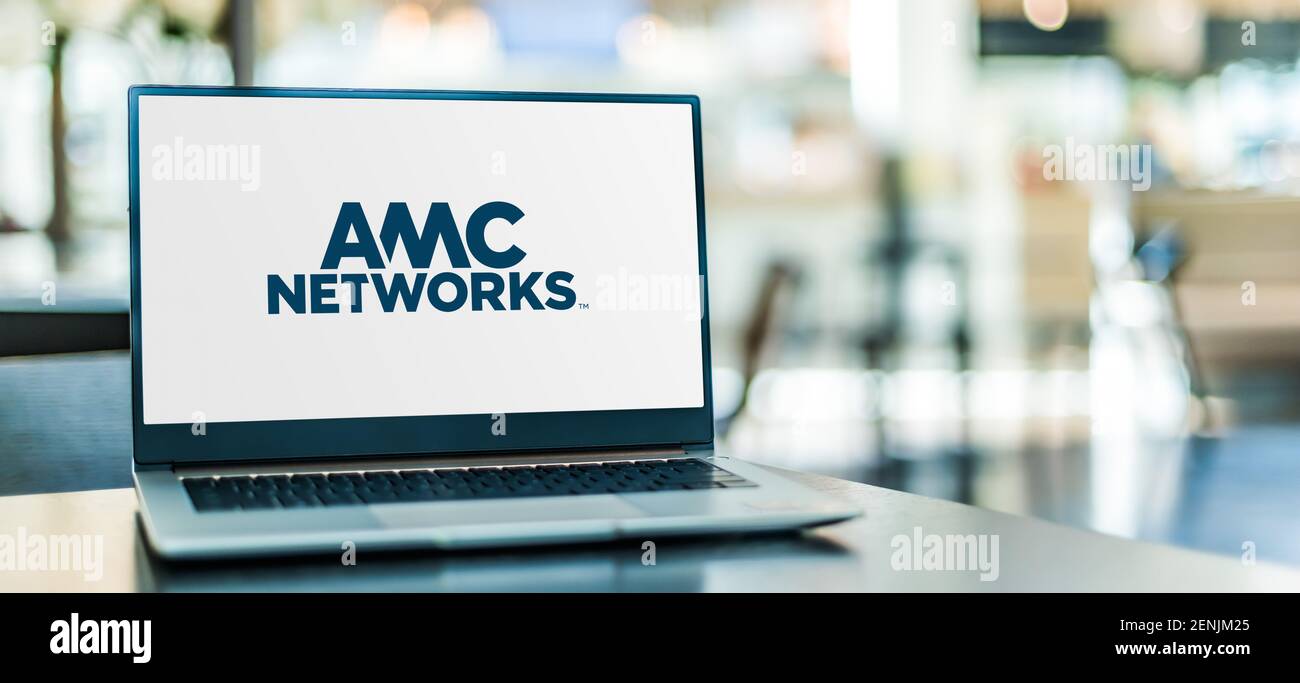 POZNAN, POL - JAN 6, 2021: Laptop computer displaying logo of AMC ...
