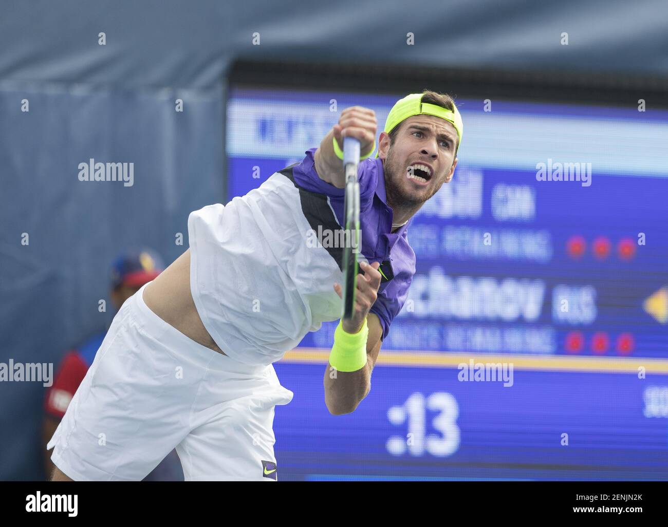 Karen Khachanov (Russia) in action during round 1 of US Open Tennis Championship against Vasek ...
