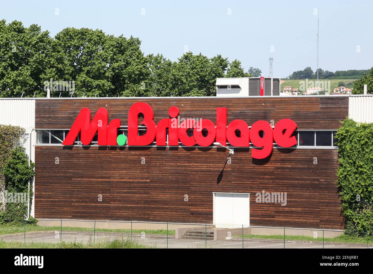 Villefranche, France - May 17, 2020: Mr. Bricolage logo on a building ...