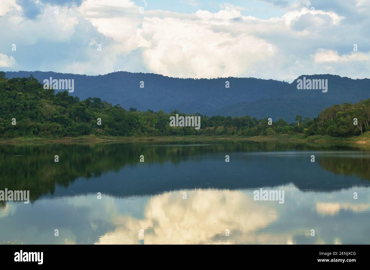 landscape of water reservoir lake with mountain background Stock Photo ...