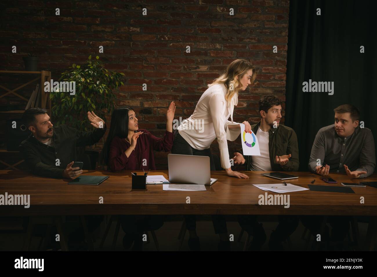 Young people at office meeting in classical painting in renaissance ...