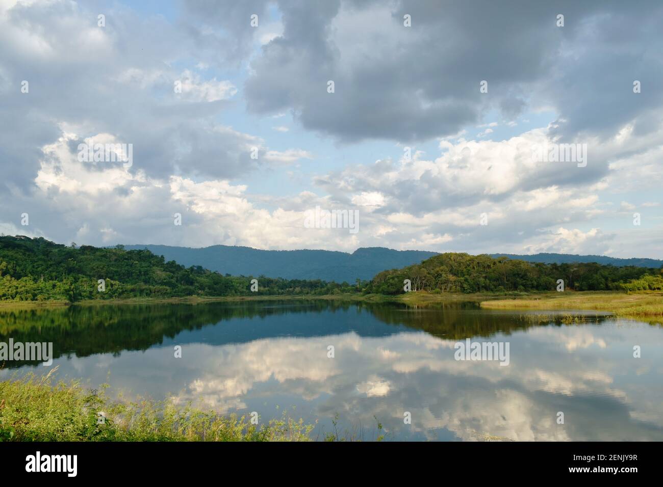 landscape of water reservoir lake with mountain background Stock Photo ...
