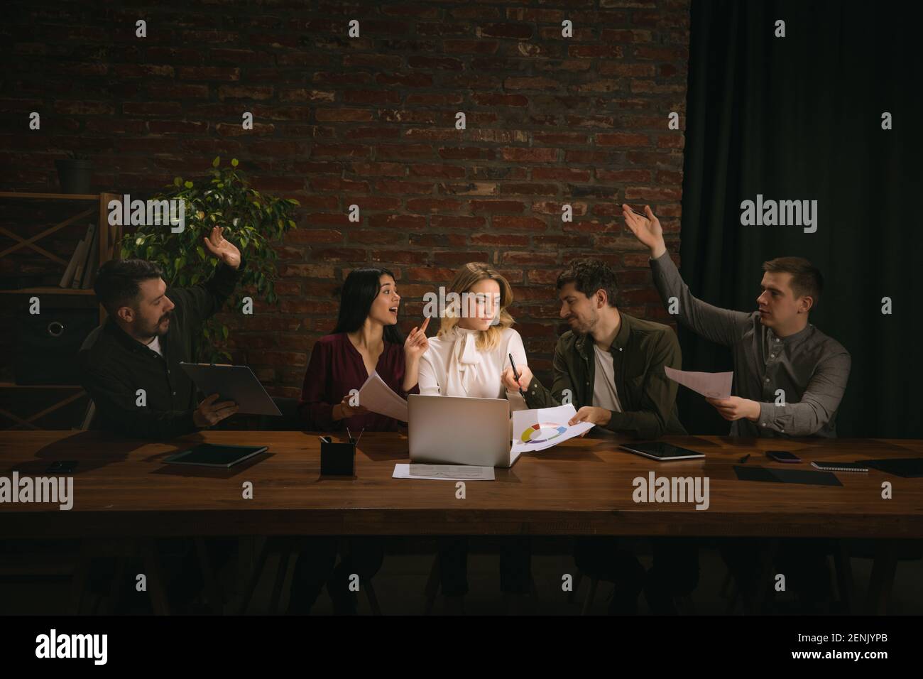 Young people at office meeting in classical painting in renaissance ...