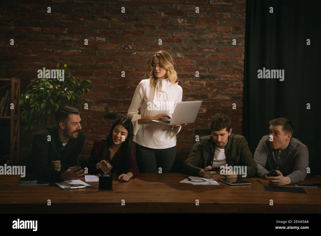 Young people at office meeting in classical painting in renaissance ...