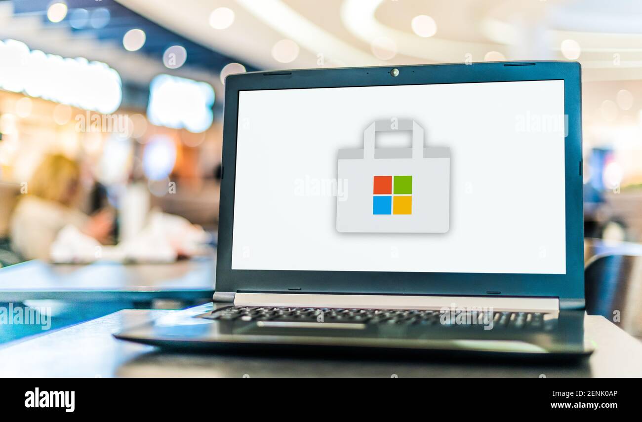 POZNAN, POL - JAN 6, 2021: Laptop computer displaying logo of Microsoft ...