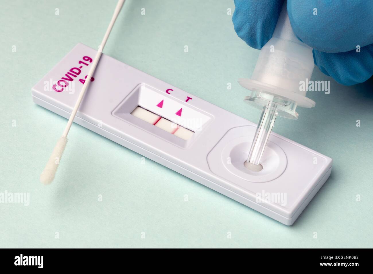 Doctor makes a covid-19 antigen pcr express test macro. The test showed ...