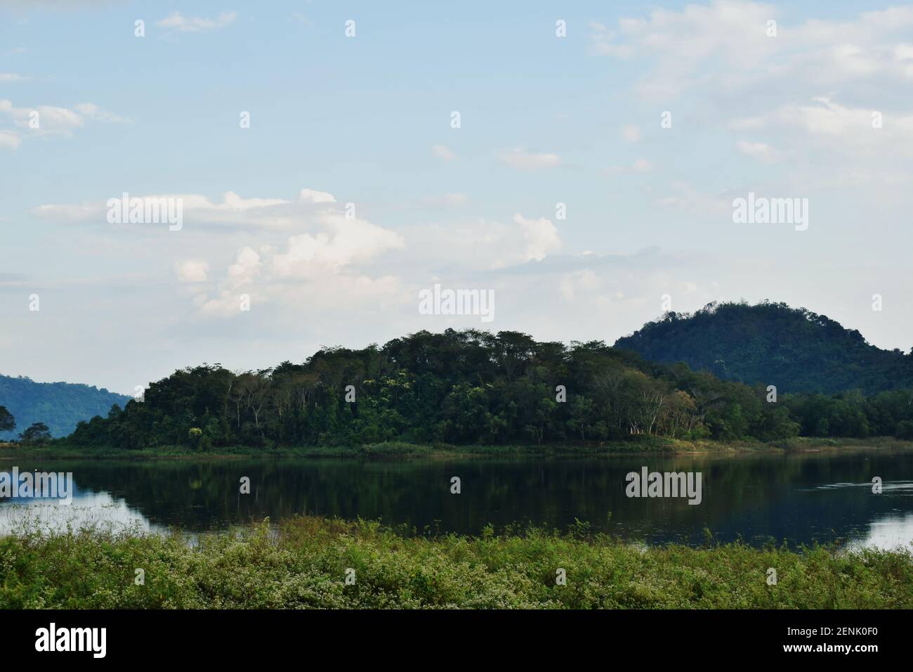 landscape of water reservoir lake with mountain background Stock Photo ...