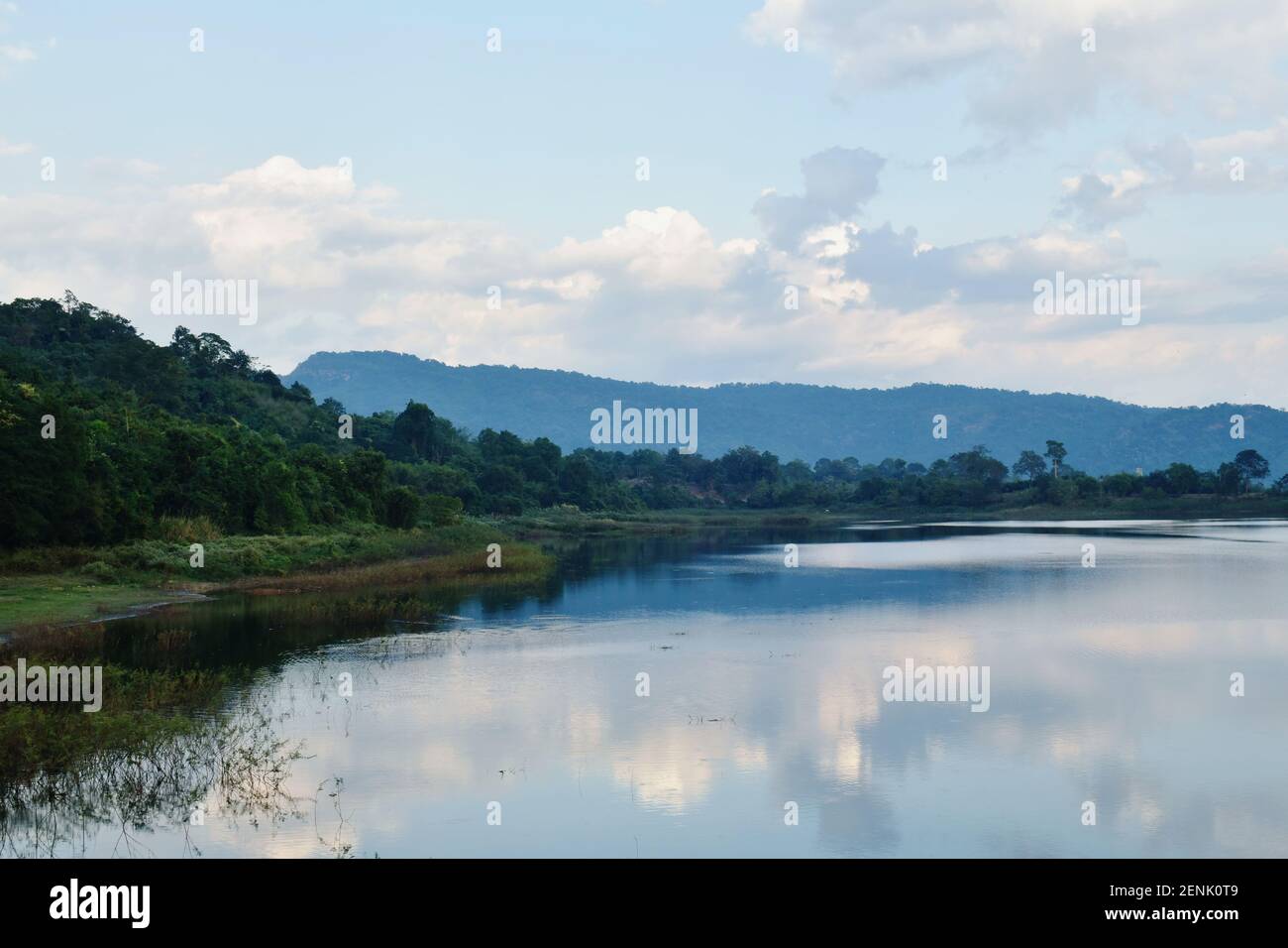 landscape of water reservoir lake with mountain background Stock Photo ...