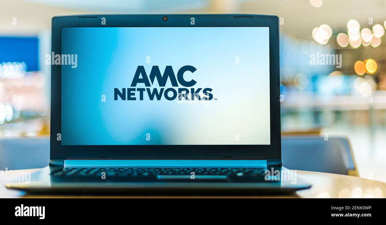 POZNAN, POL - JAN 6, 2021: Laptop computer displaying logo of AMC ...