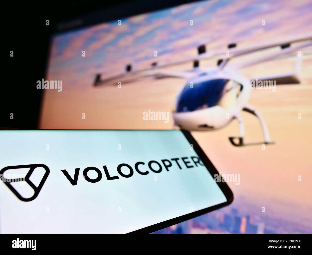 Mobile phone with logo of German helicopter manufacturer Volocopter ...