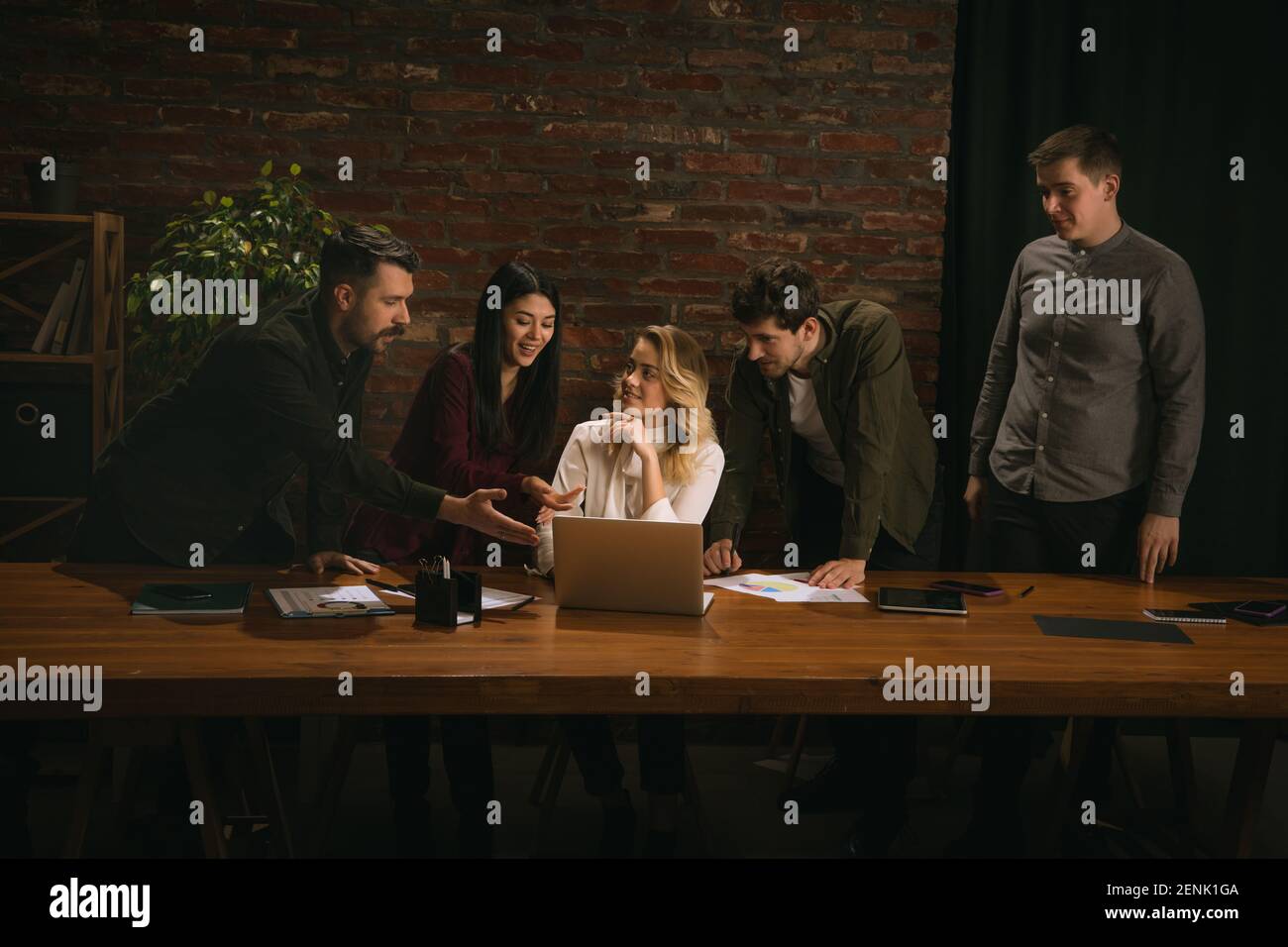 Young people at office meeting in classical painting in renaissance ...