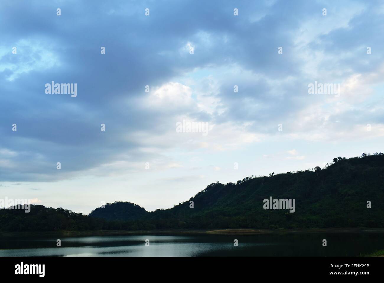 landscape of water reservoir lake with mountain background Stock Photo ...