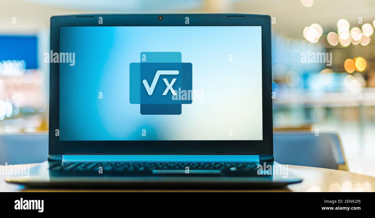 POZNAN, POL - JAN 6, 2021: Laptop computer displaying logo of Microsoft ...
