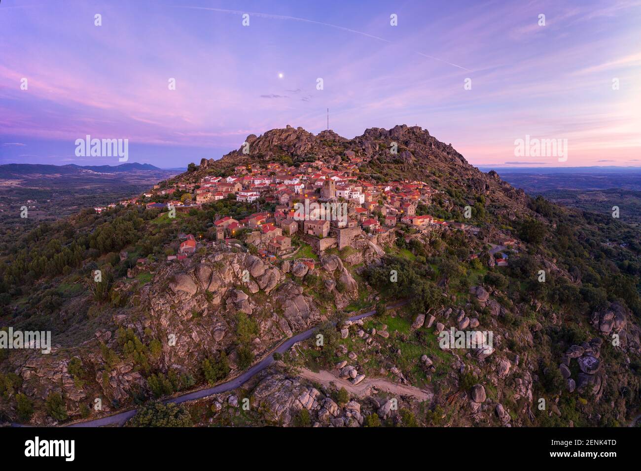 Drone aerial panorama view of Monsanto historic village at sunset, in ...