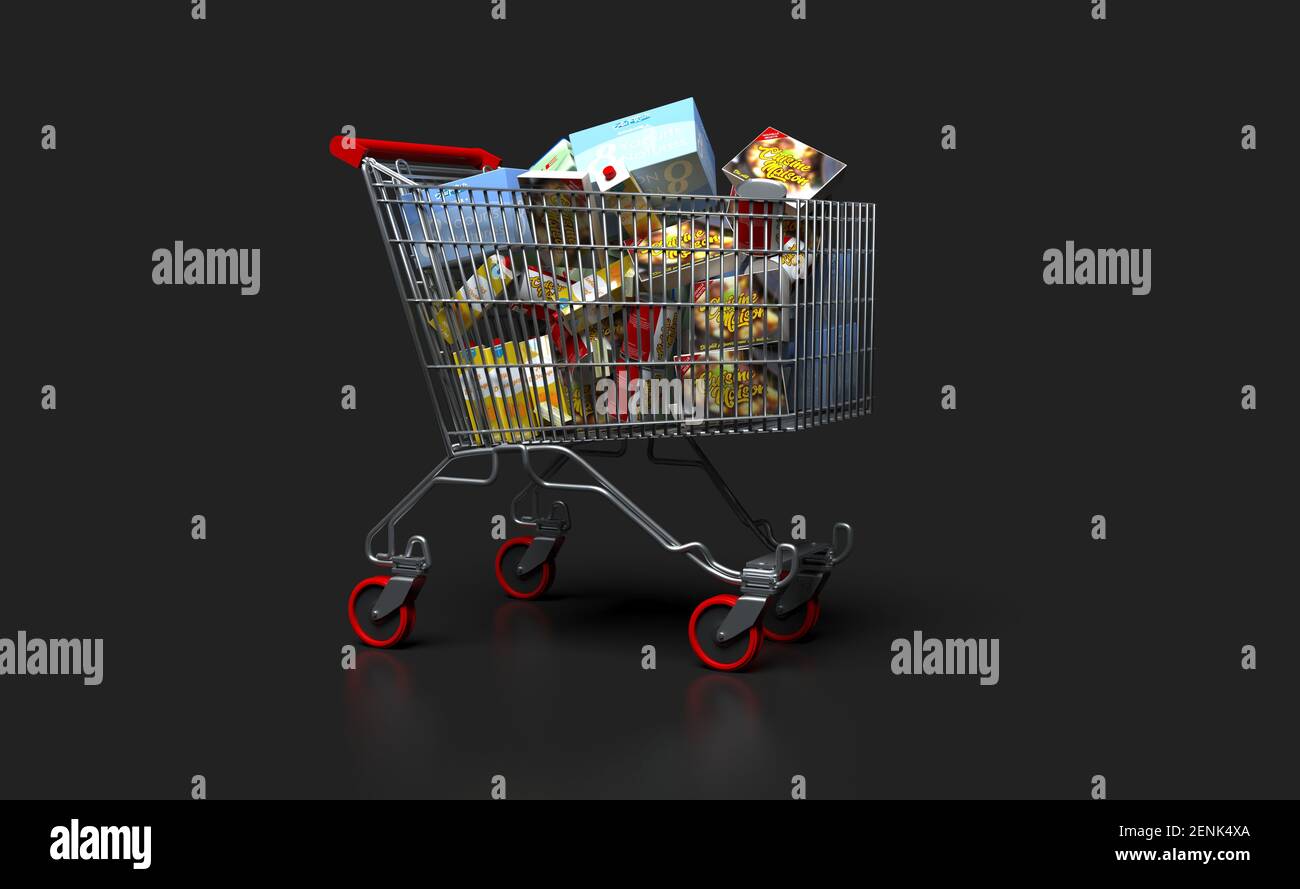 Shopping cart full of generic products - 3D rendering - fake products ...