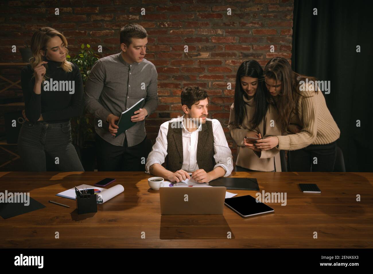 Young people at office meeting in classical painting in renaissance ...