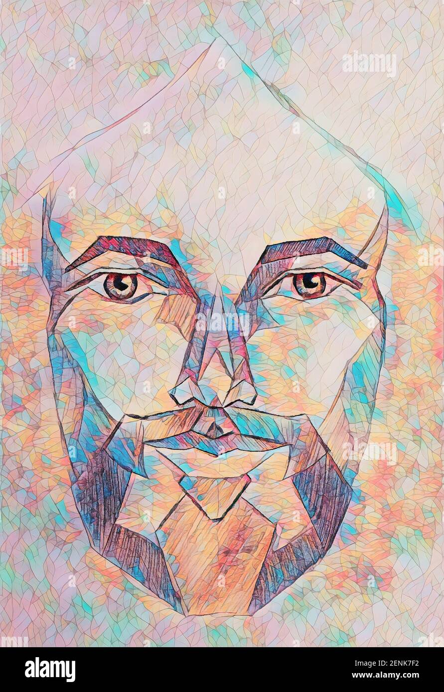 pencils drawing of Jesus in geometrical shapes, on paper, eye contact ...