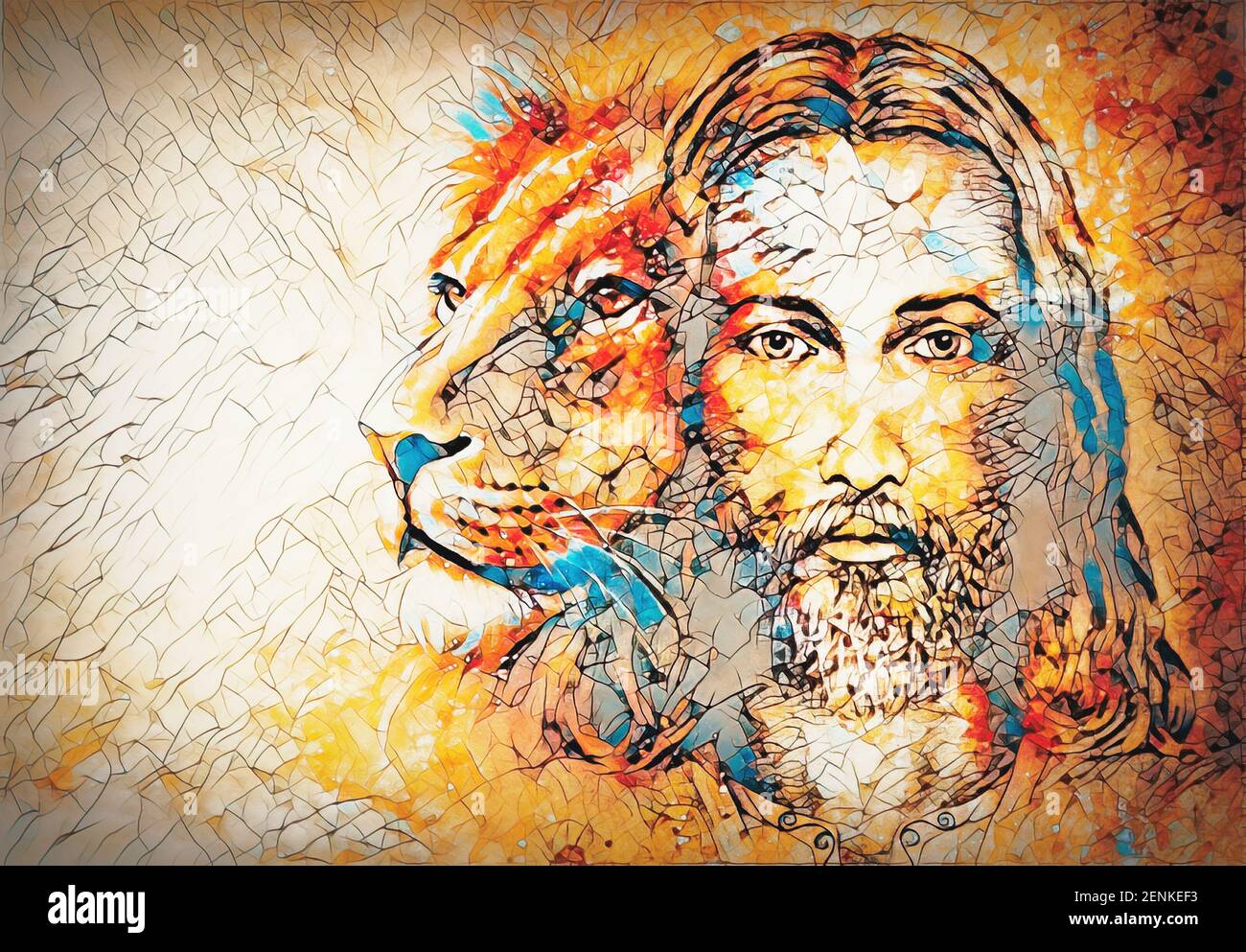 painting of Jesus with a lion, on beautiful colorful background with ...