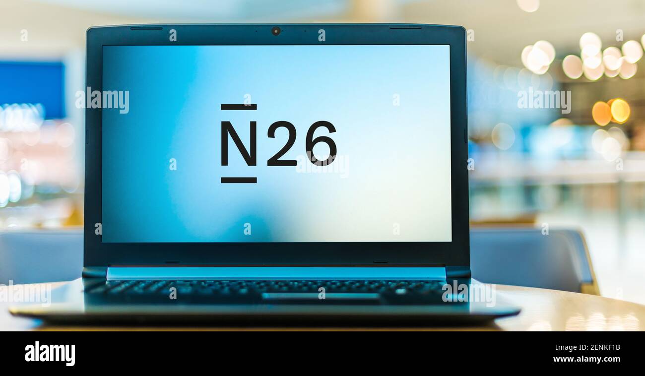 POZNAN, POL - JAN 6, 2021: Laptop computer displaying logo of N26, a ...