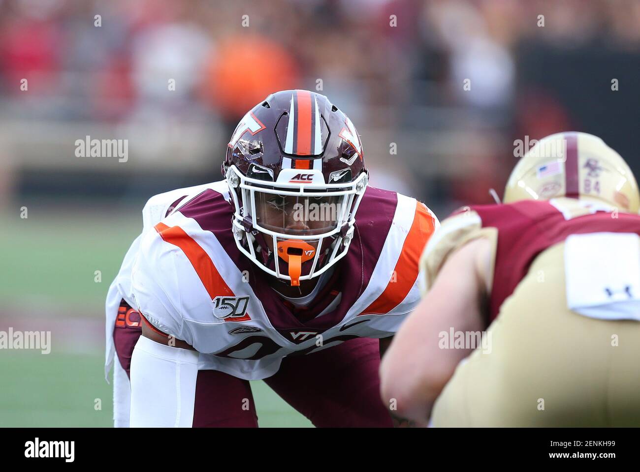 August 31, 2019; Chestnut Hill, MA, USA; Virginia Tech Hokies defensive ...