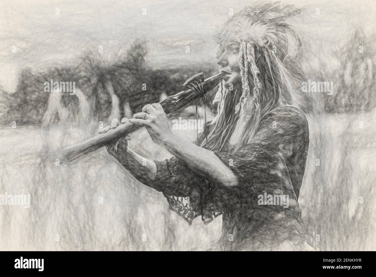 beautiful shamanic girl playing on shaman flute in the nature Stock ...