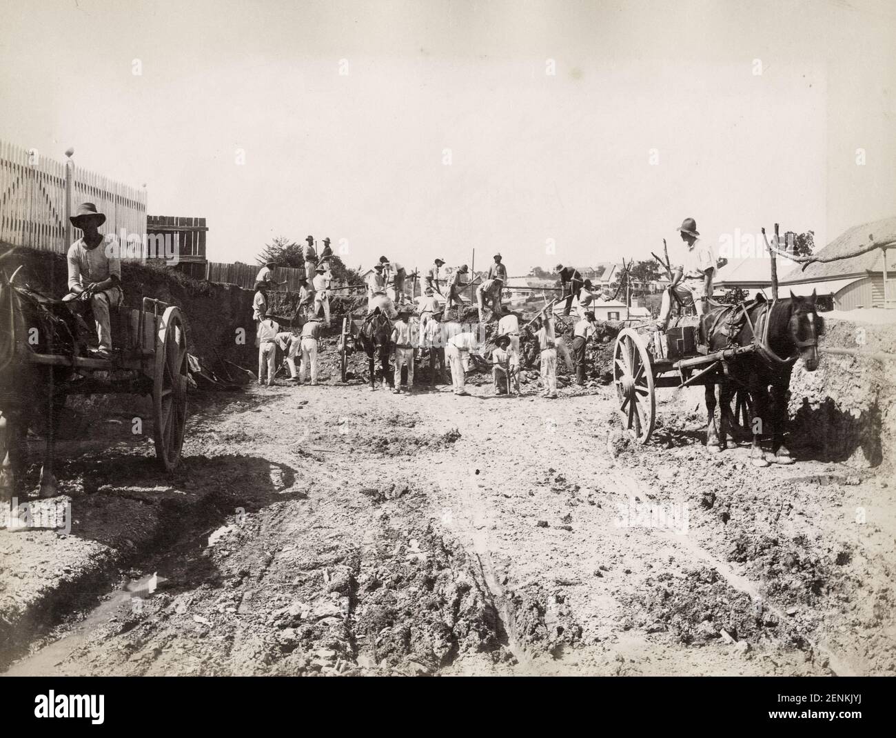 Vintage 19th century photograph: Road gang building a road, Brisbane ...