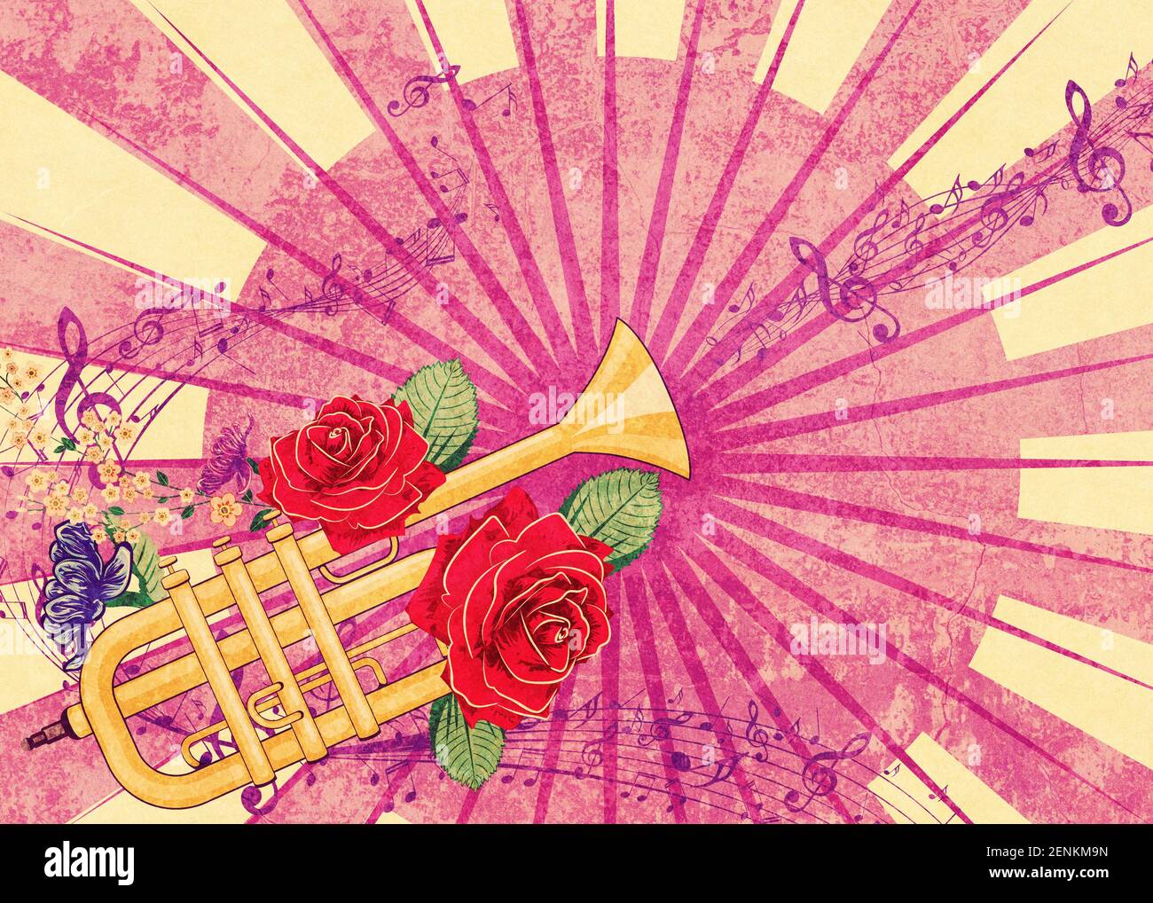 Yellow trumpet with red roses and music notes textured illustration ...