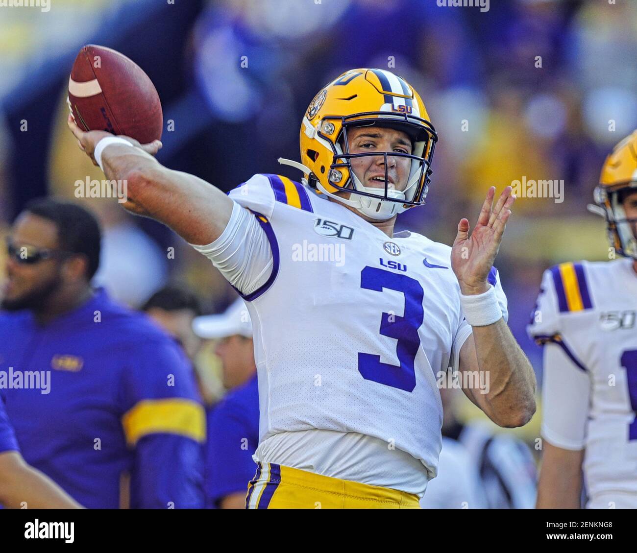 August 31, 2019: LSU Tigers quarterback AJ Aycock (3) warms up before ...