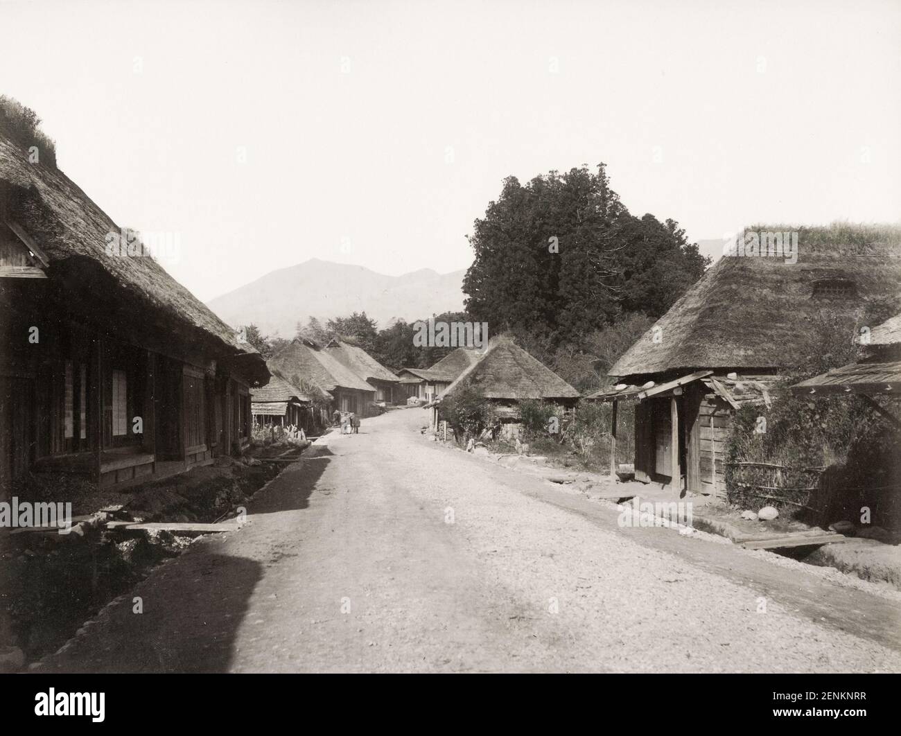 Vintage 19th century photograph: Street with thatched houses, Nikko ...