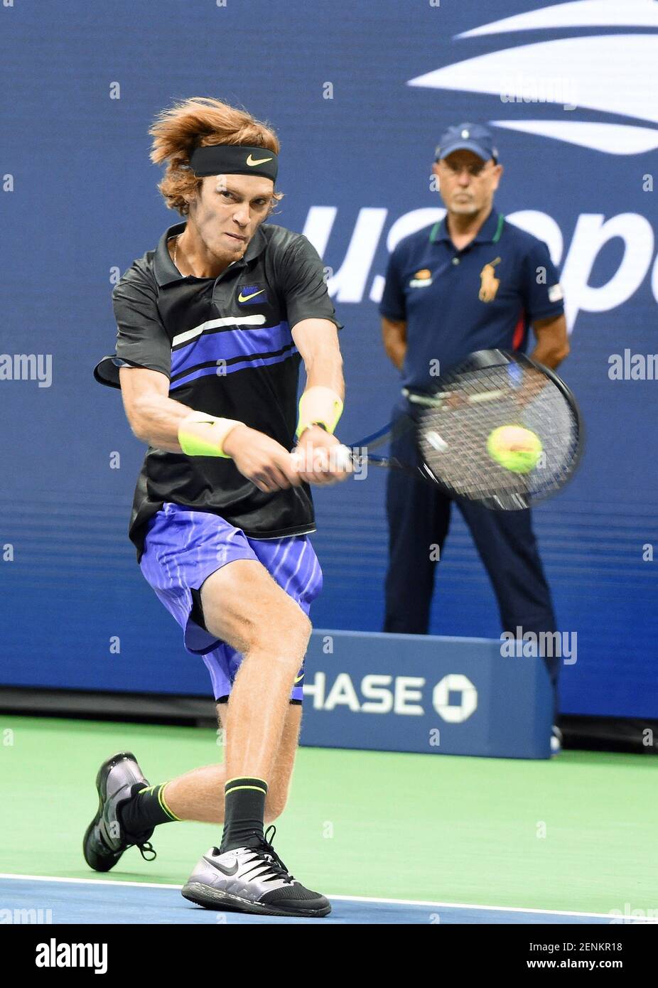US Open Tennis 2019. Day Six Russian tennis player Andrei Rublev during ...