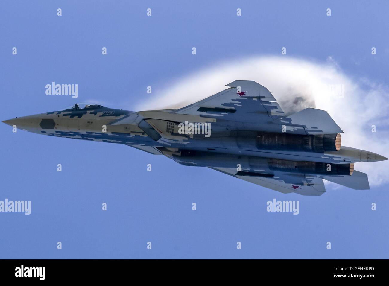 The Sukhoi Su-57 jet fighter perform its flight display at the MAKS ...