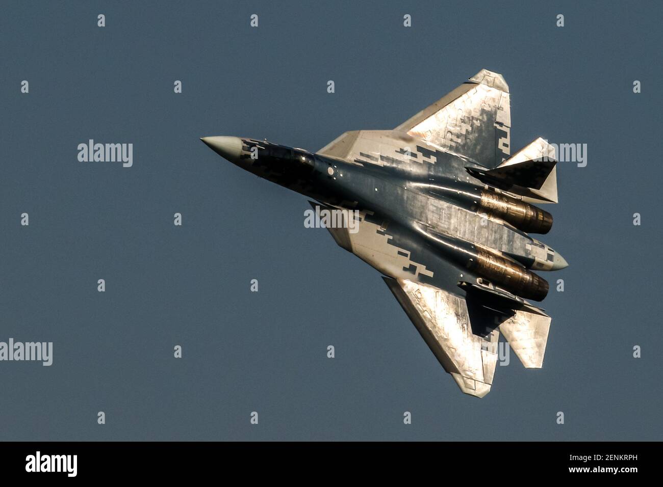 The Sukhoi Su-57 jet fighter performs its flight display at the MAKS ...