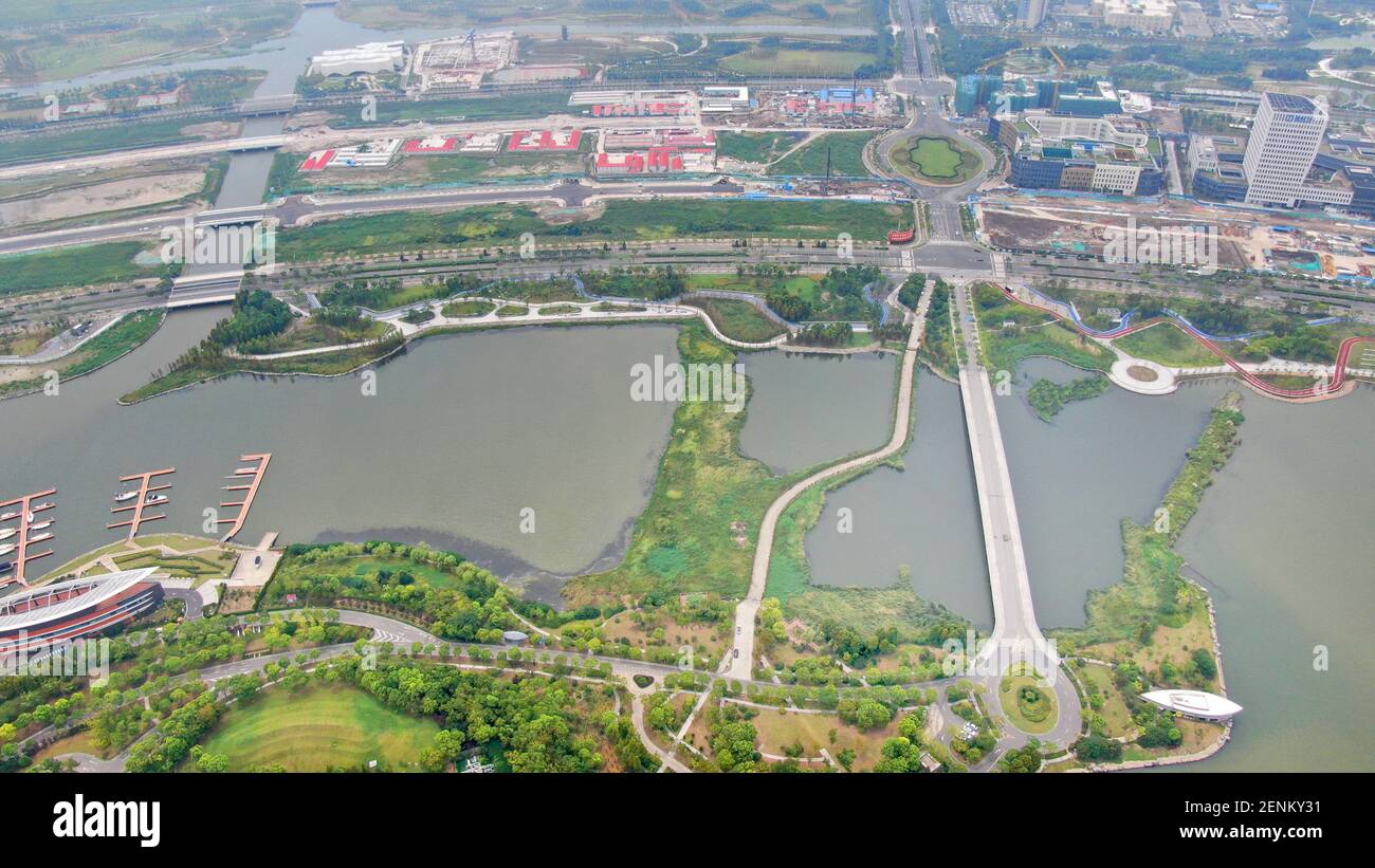 Shanghai ,CHINA-On August 27, 2019, drones took pictures of Dishui Lake ...