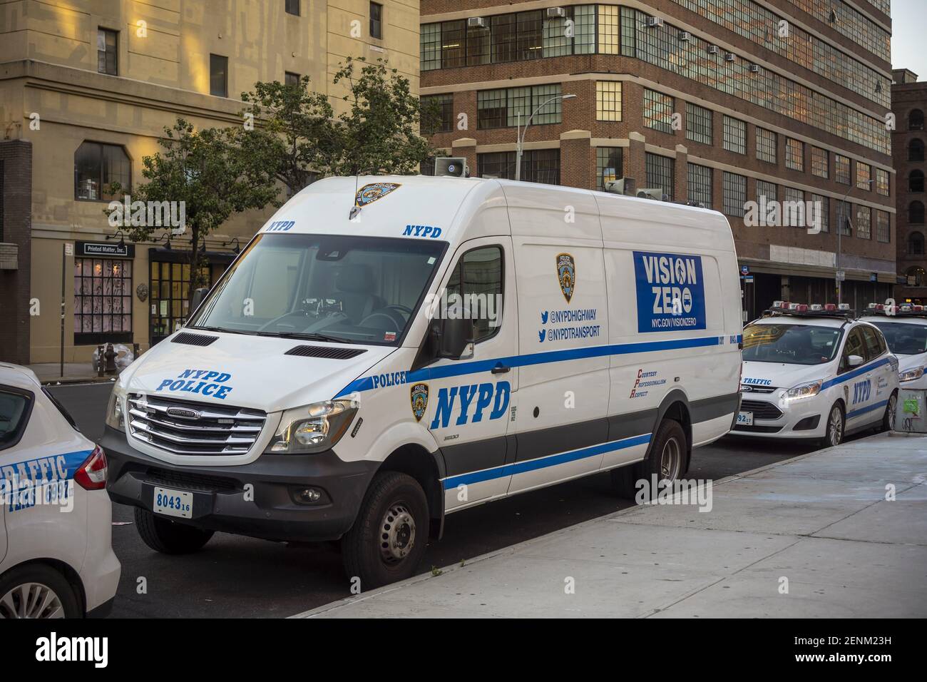 An NYPD van decorated with Vision Zero promotional signage in the ...