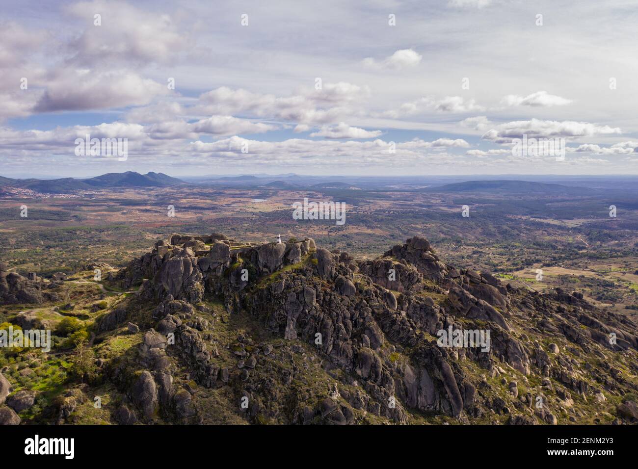 Drone aerial panorama view of Monsanto castle historic village, in ...