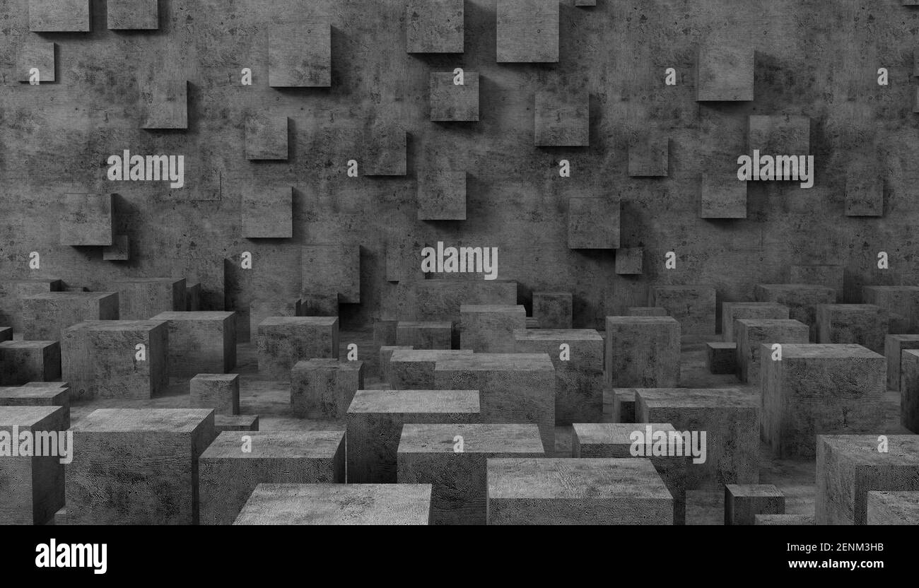 Abstract concrete 3d interior with decoration cubes on the wall Stock ...