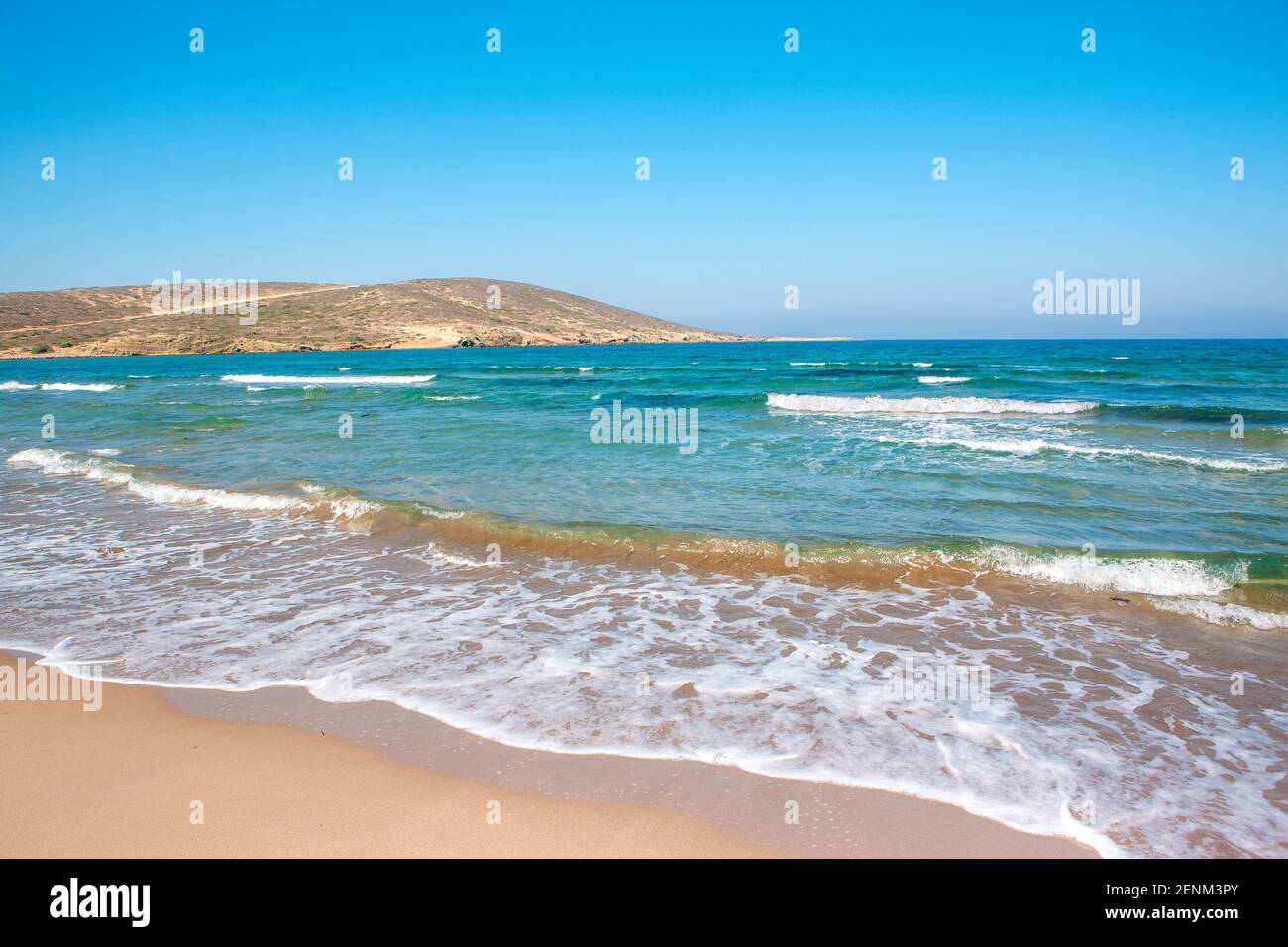 Landscape of beautiful bay in Rhodes island with mountain and sandy ...