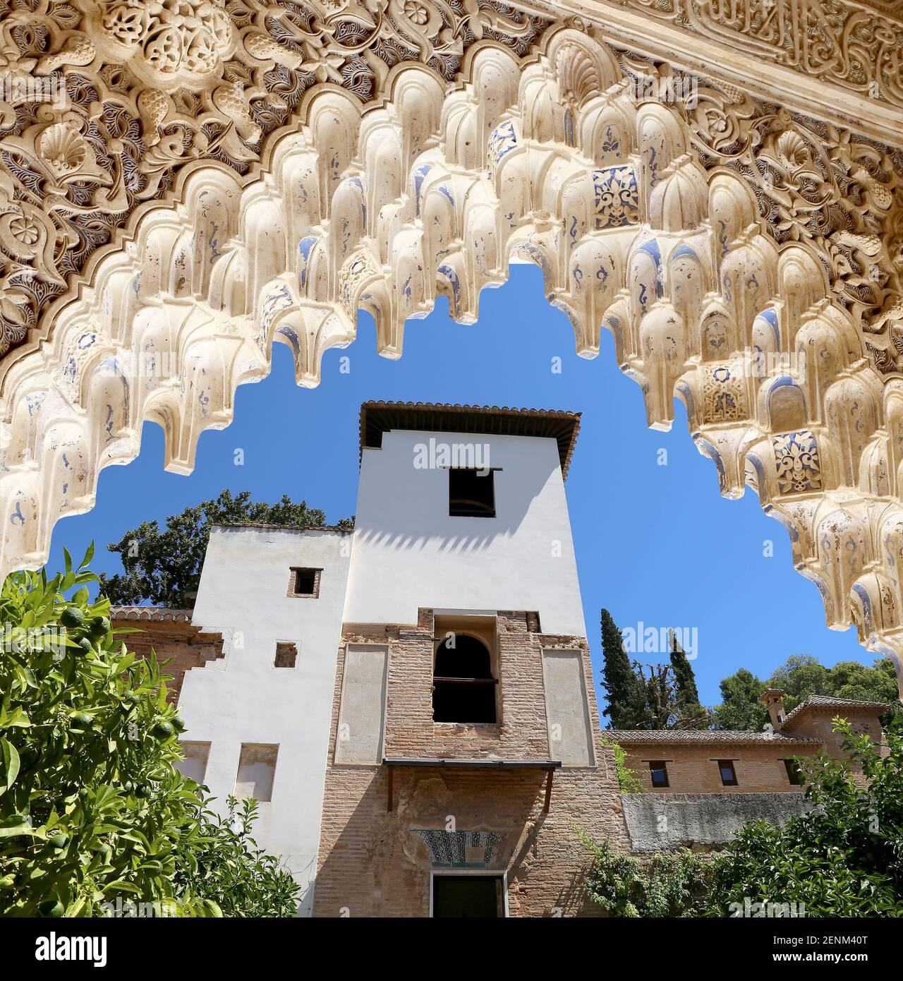 Arches in Islamic (Moorish) style and Alhambra, Granada, Spain Stock ...