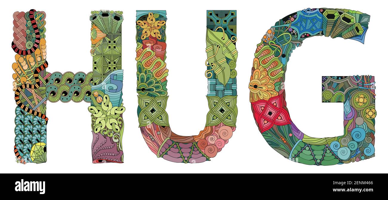 Hand-painted art design. Hand drawn illustration word HUG for t-shirt ...