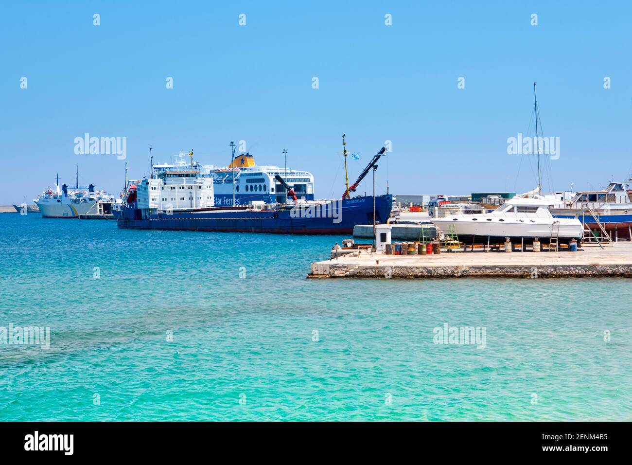 Rhodes island, Greece - July 27, 2019: Panoramic landscape of the port ...