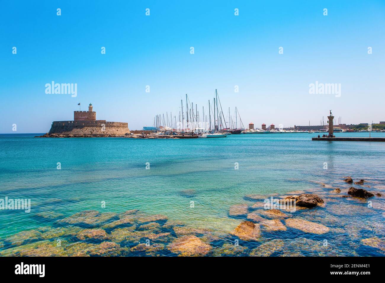 Rhodes island, Greece - July 27, 2019: Panoramic landscape of the port ...