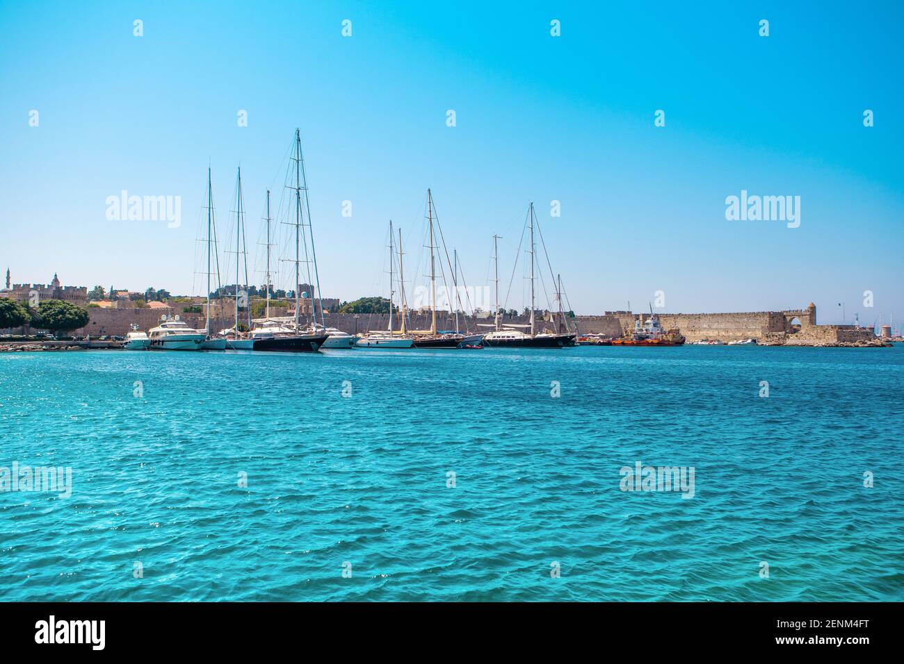 Rhodes island, Greece - July 27, 2019: Panoramic landscape of the port ...