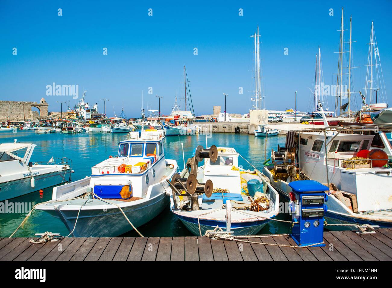 Rhodes island, Greece - July 27, 2019: Panoramic landscape of the port ...