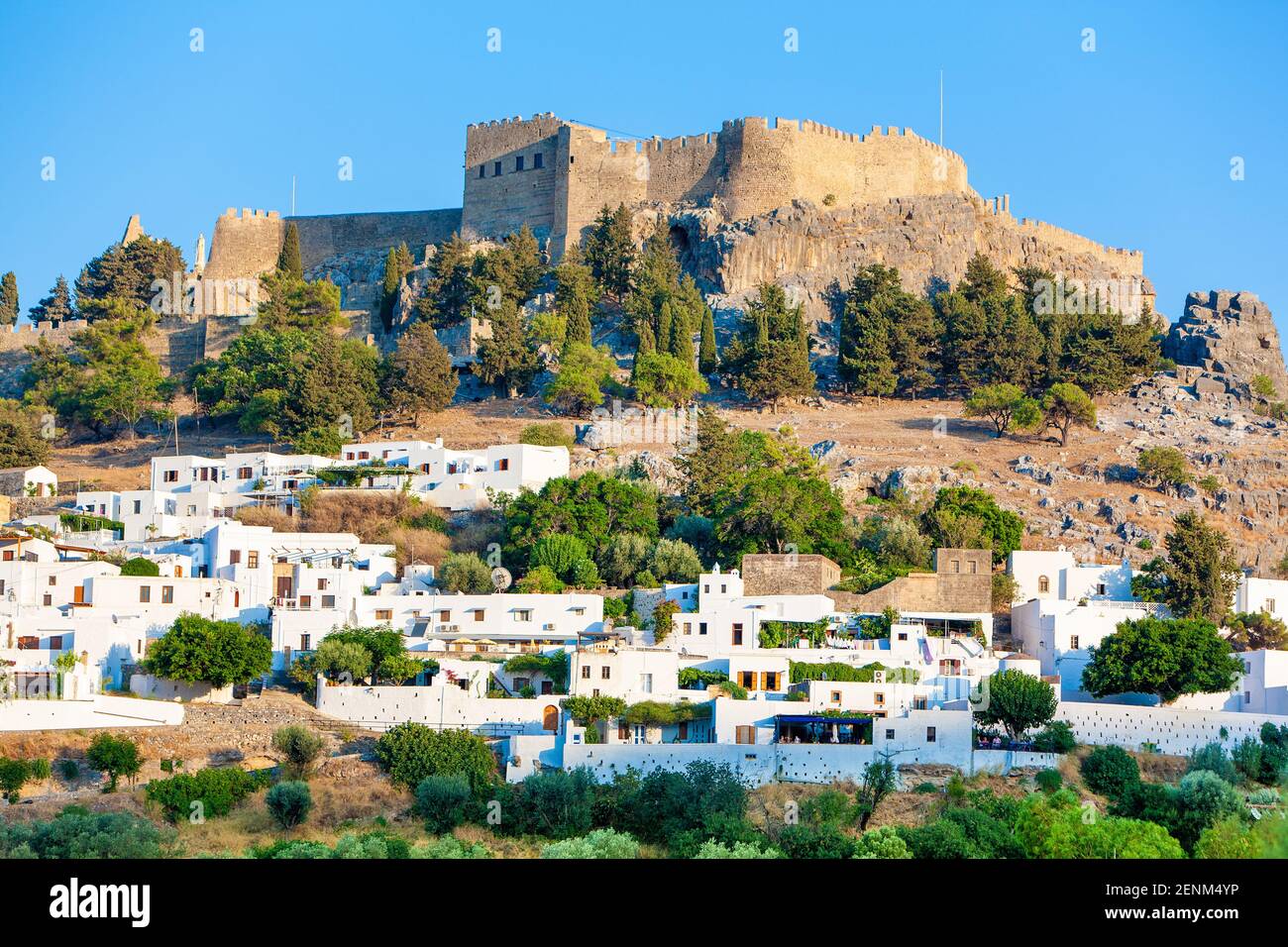 Sunset landscape of Lindos old town on the Rhodes island, Greece Stock ...
