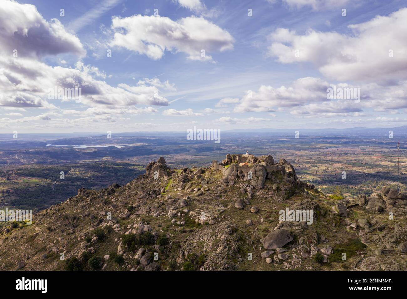Drone aerial panorama view of Monsanto castle historic village, in ...