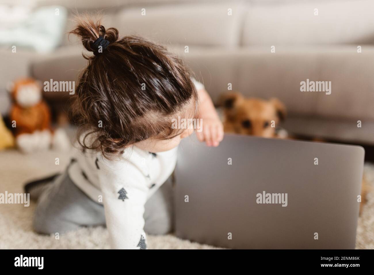 Baby boy sitting on the floor touching laptop Stock Photo - Alamy