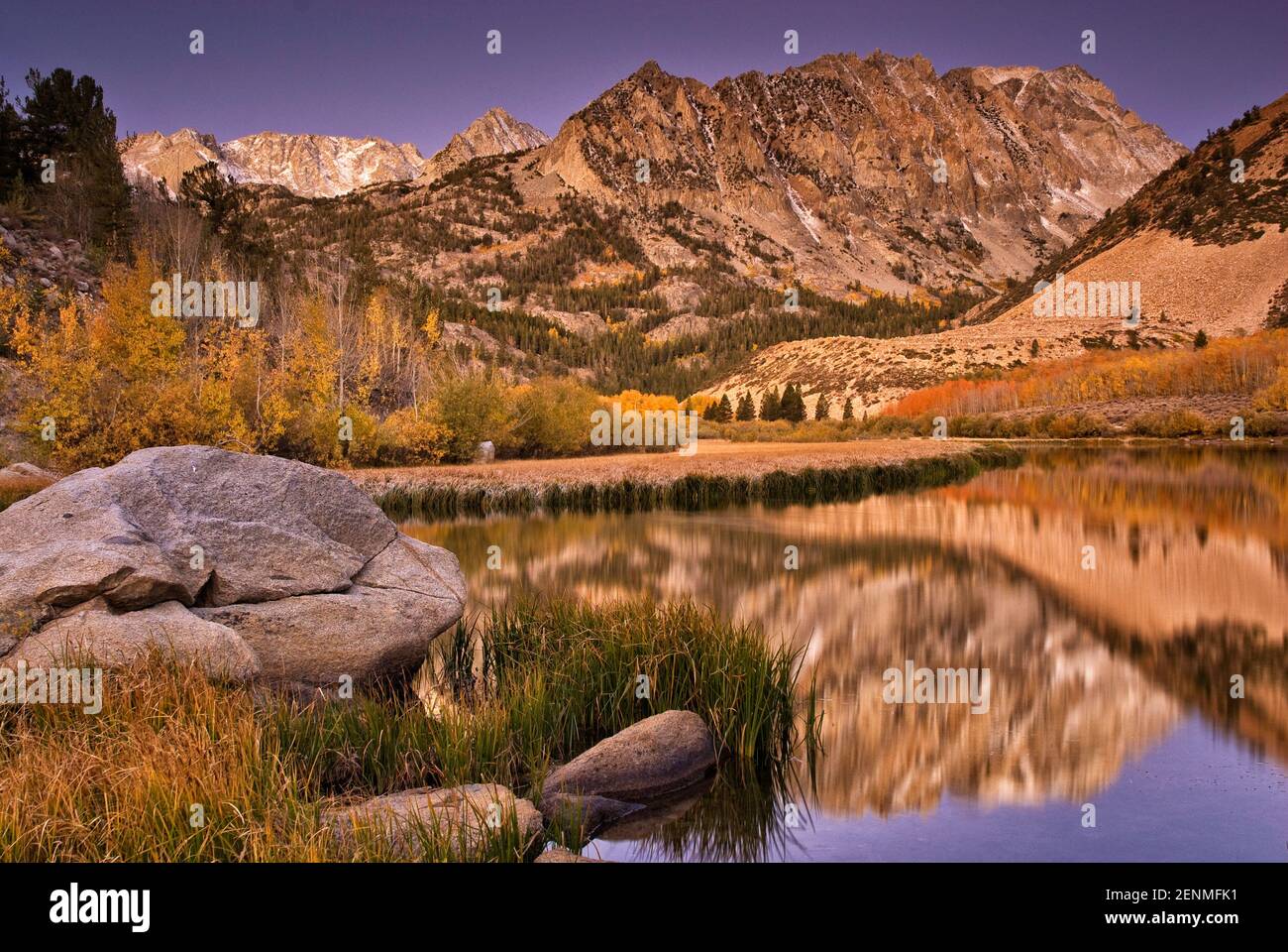 North Lake in Sabrina Basin at dawn in autumn Mt. Lamarck in far dist ...