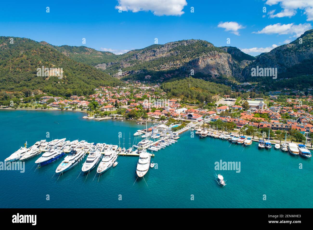 Aerial view of the marina at the town of Göcek, Province of Muğla ...