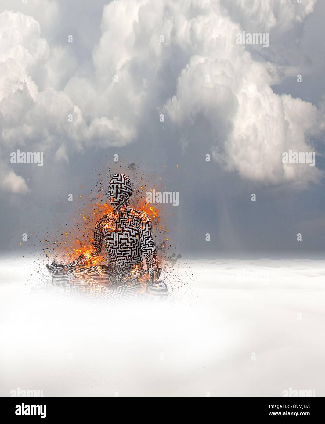 Burning man with maze pattern on fire. Meditation. 3d rendering Stock ...