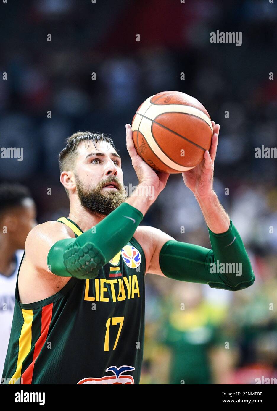 Lithuanian professional basketball player Jonas Valanciuna jumps to ...